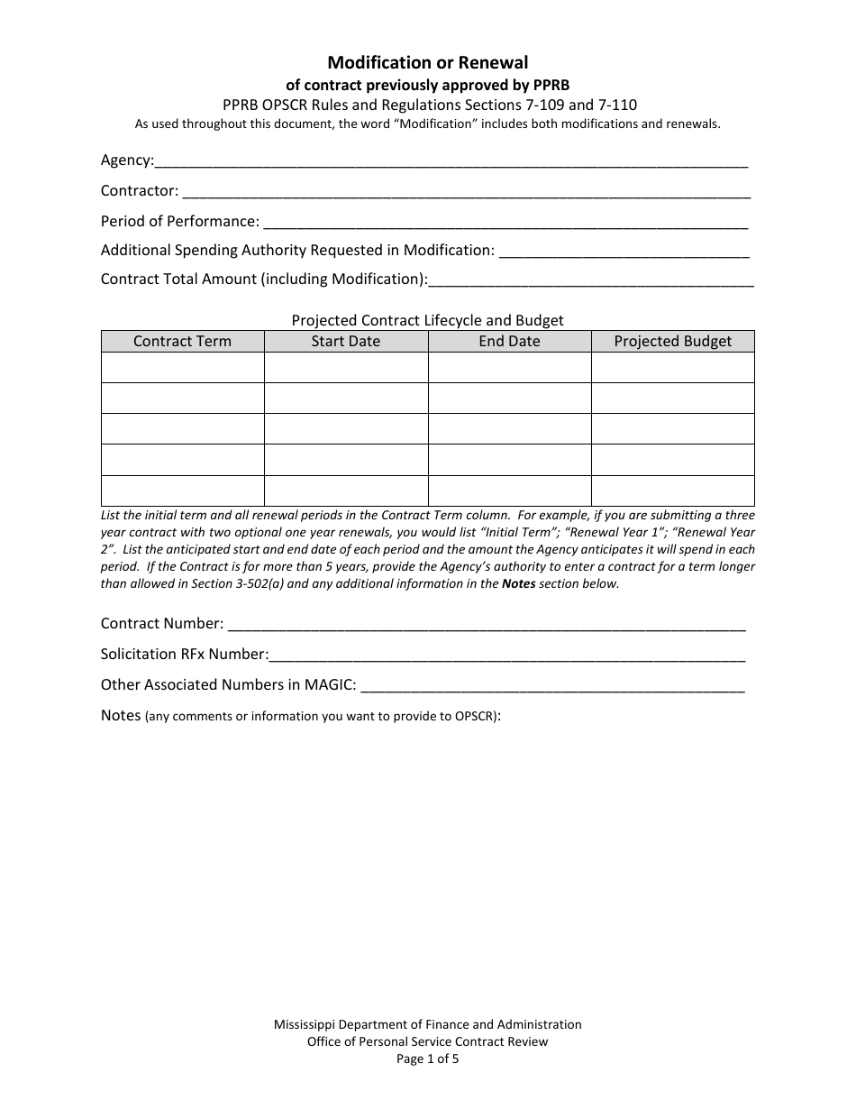 Mississippi Modification or Renewal of Contract Previously Approved by ...