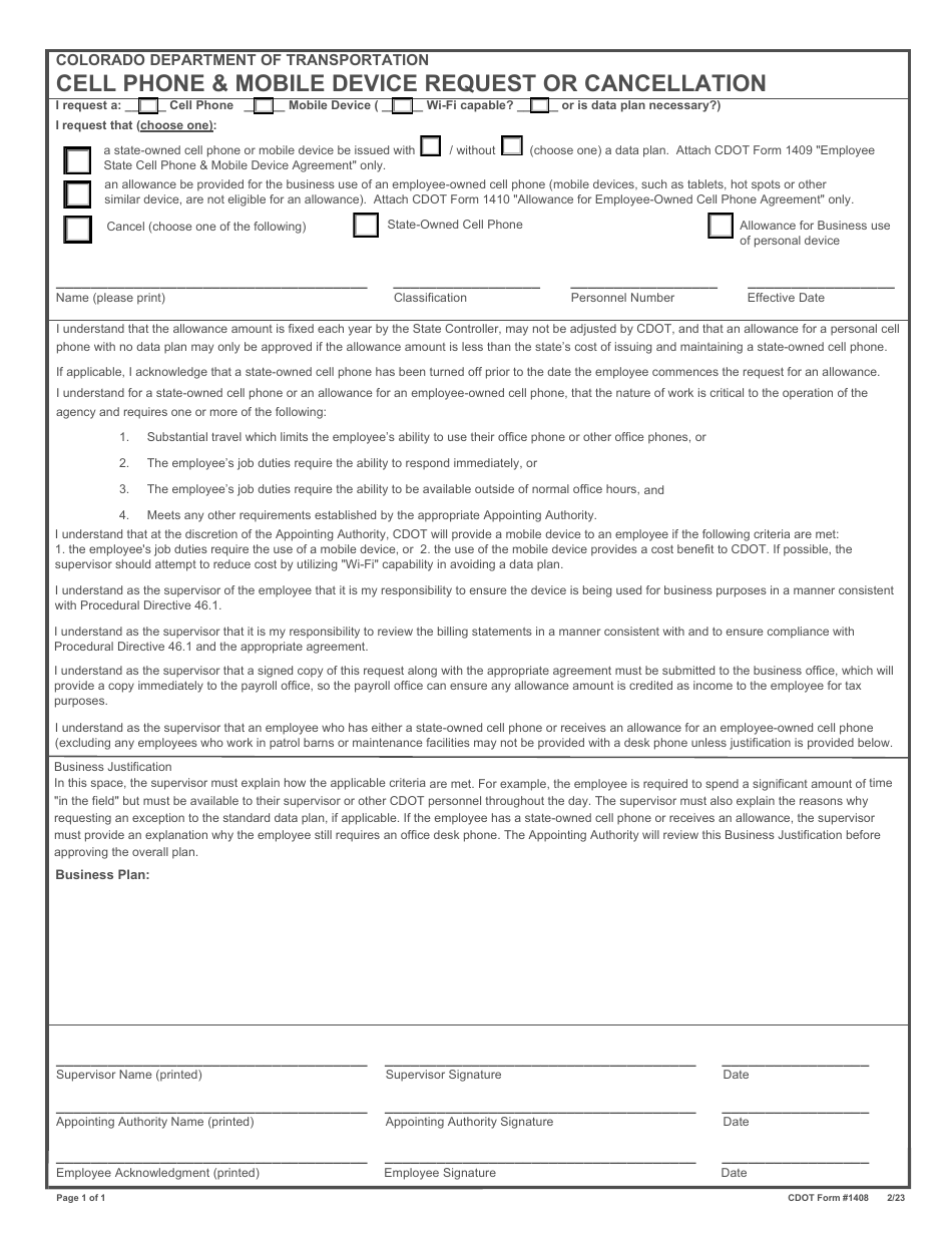 CDOT Form 1408 Download Fillable PDF or Fill Online Cell Phone & Mobile ...