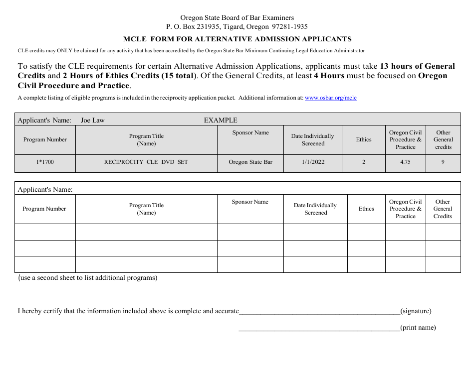 Oregon Mcle Form for Alternative Admission Applicants - Fill Out, Sign ...