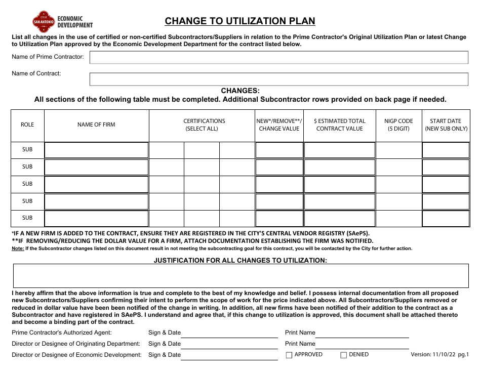 City of San Antonio, Texas Change to Utilization Plan - Fill Out, Sign ...