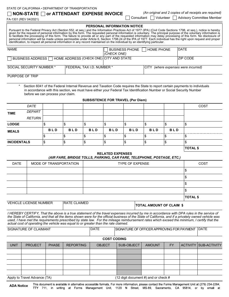 Form FA-1301 Download Fillable PDF or Fill Online Non-state or ...