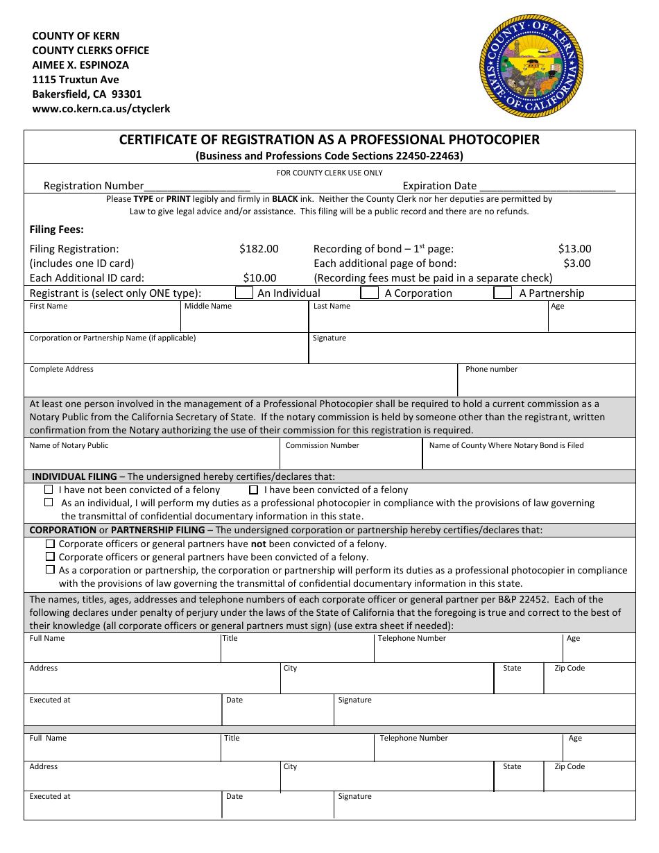 Kern County, California Certificate of Registration as a Professional ...