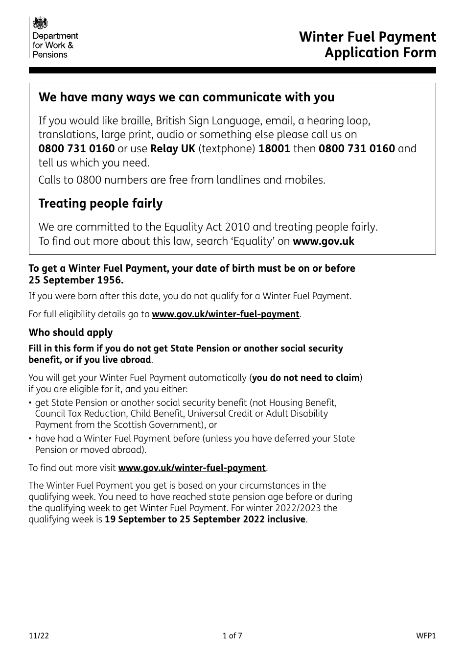 Form WFP1 Download Fillable PDF or Fill Online Winter Fuel Payment ...