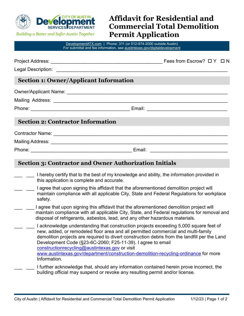 City of Austin, Texas Affidavit for Residential and Commercial Total ...