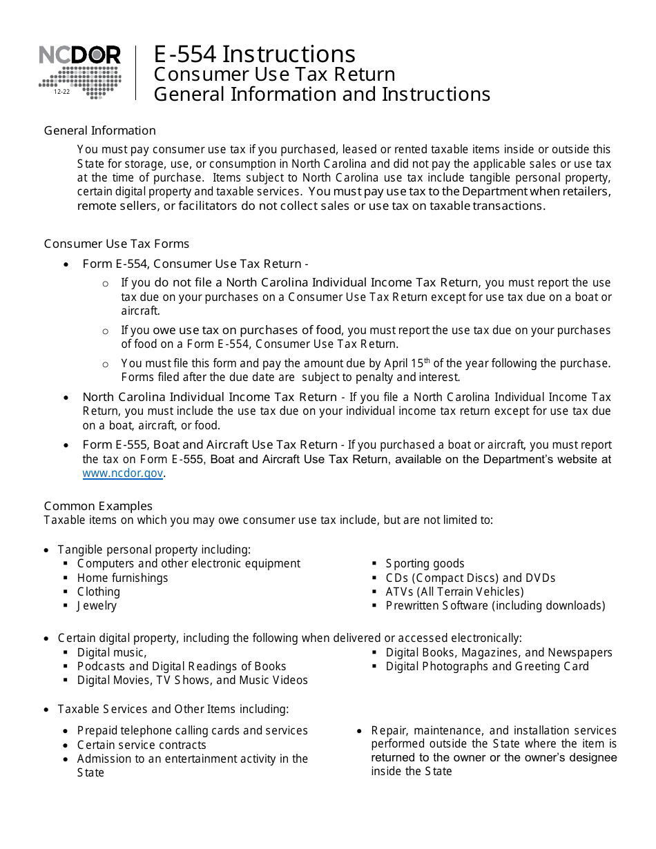 Download Instructions for Form E-554 Consumer Use Tax Return PDF ...