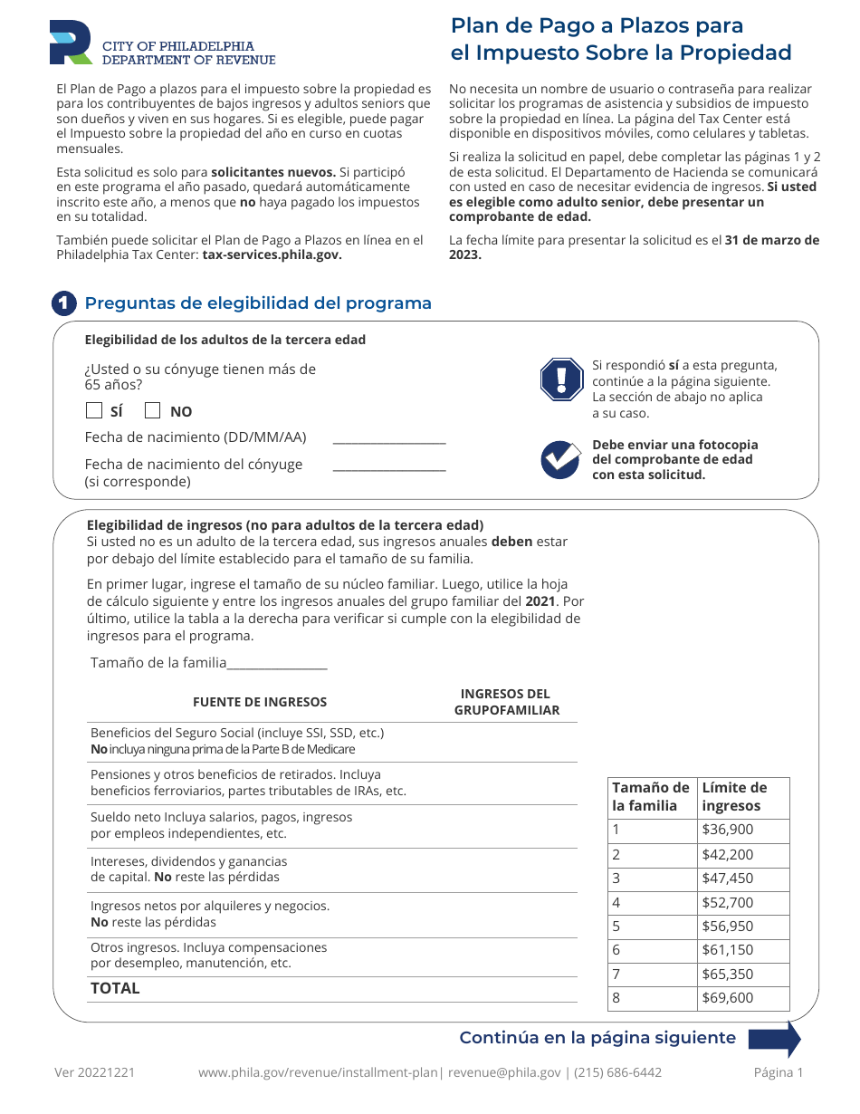 City of Philadelphia, Pennsylvania Plan De Pago a Plazos Para El Impuesto Sobre La Propiedad ...
