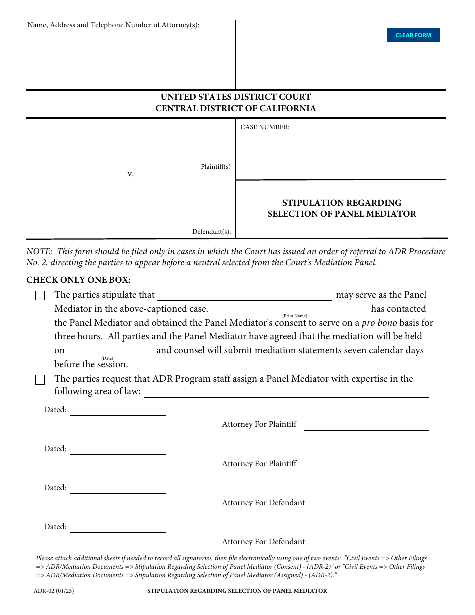 Form ADR-02 Download Fillable PDF or Fill Online Stipulation Regarding ...