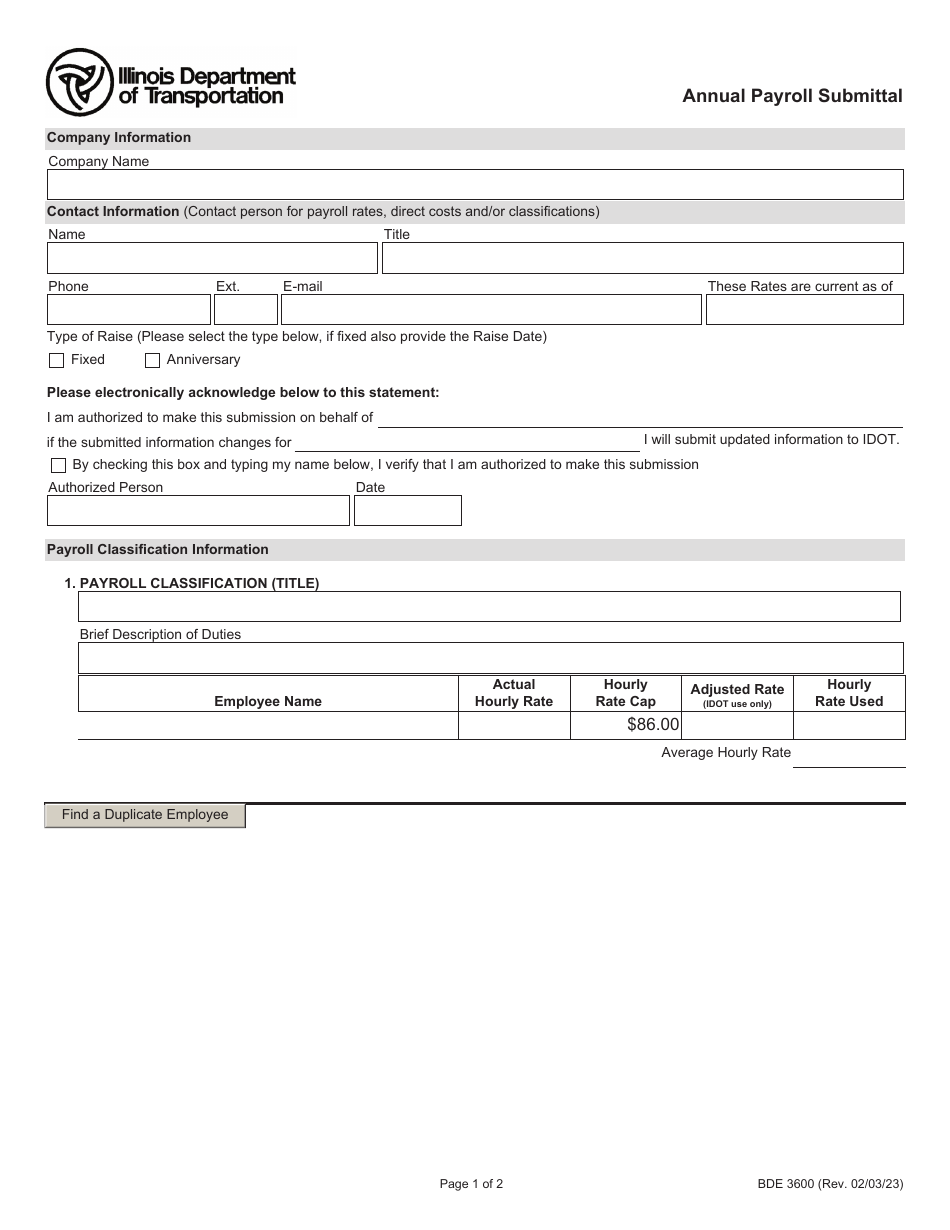 Form BDE3600 Download Fillable PDF or Fill Online Annual Payroll ...