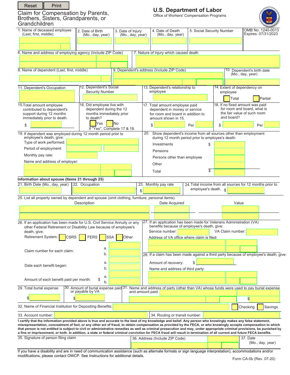 Form CA-5B - Fill Out, Sign Online and Download Fillable PDF ...