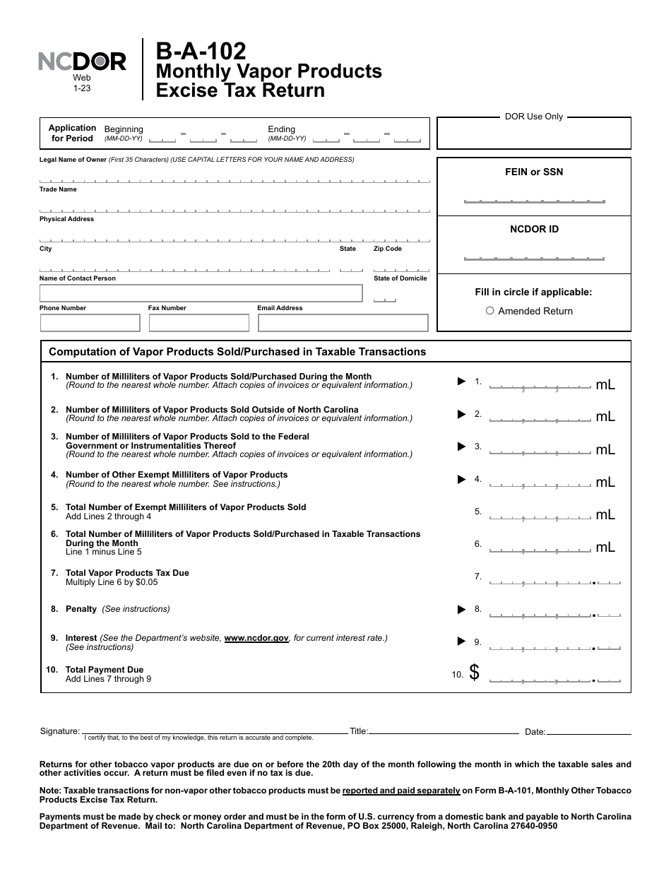 Form B-A-102 Download Printable PDF or Fill Online Monthly Vapor ...