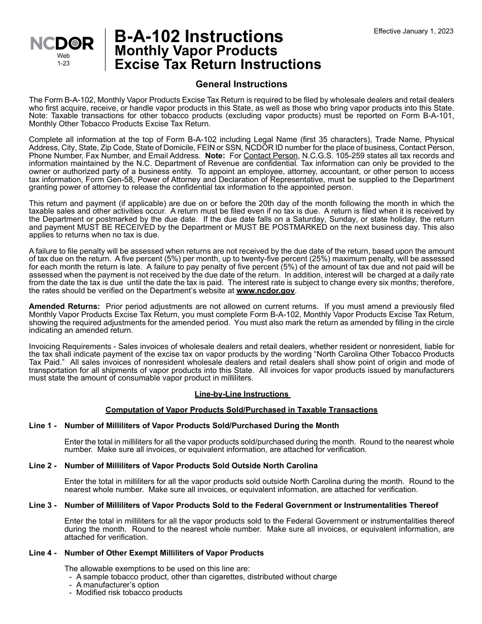 Download Instructions for Form B-A-102 Monthly Vapor Products Excise ...