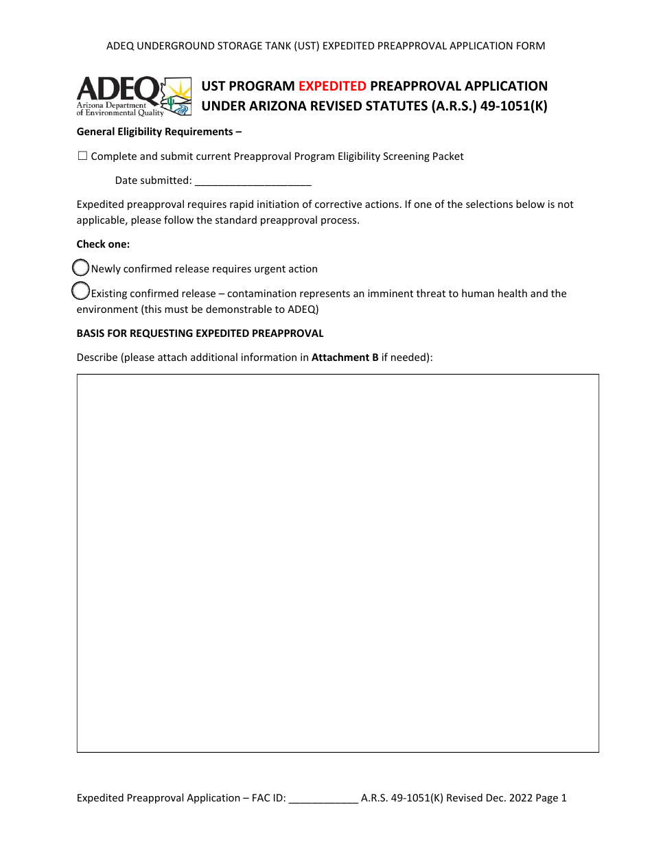 Arizona Ust Program Expedited Preapproval Application Under Arizona ...