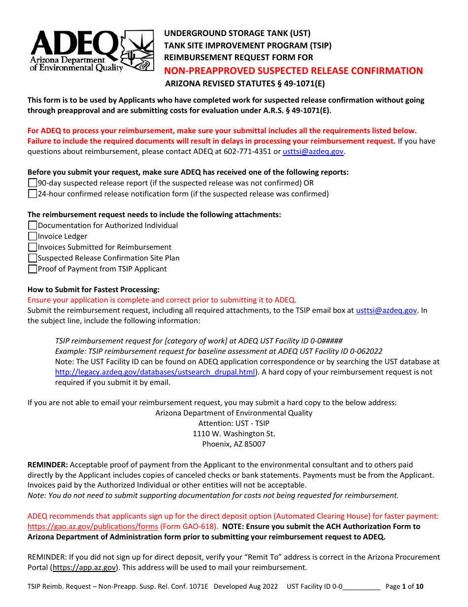 Arizona Reimbursement Request Form for Non-preapproved Suspected ...