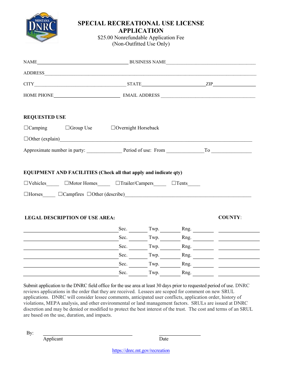 Montana Special Recreational Use License Application (Non-outfitted Use ...