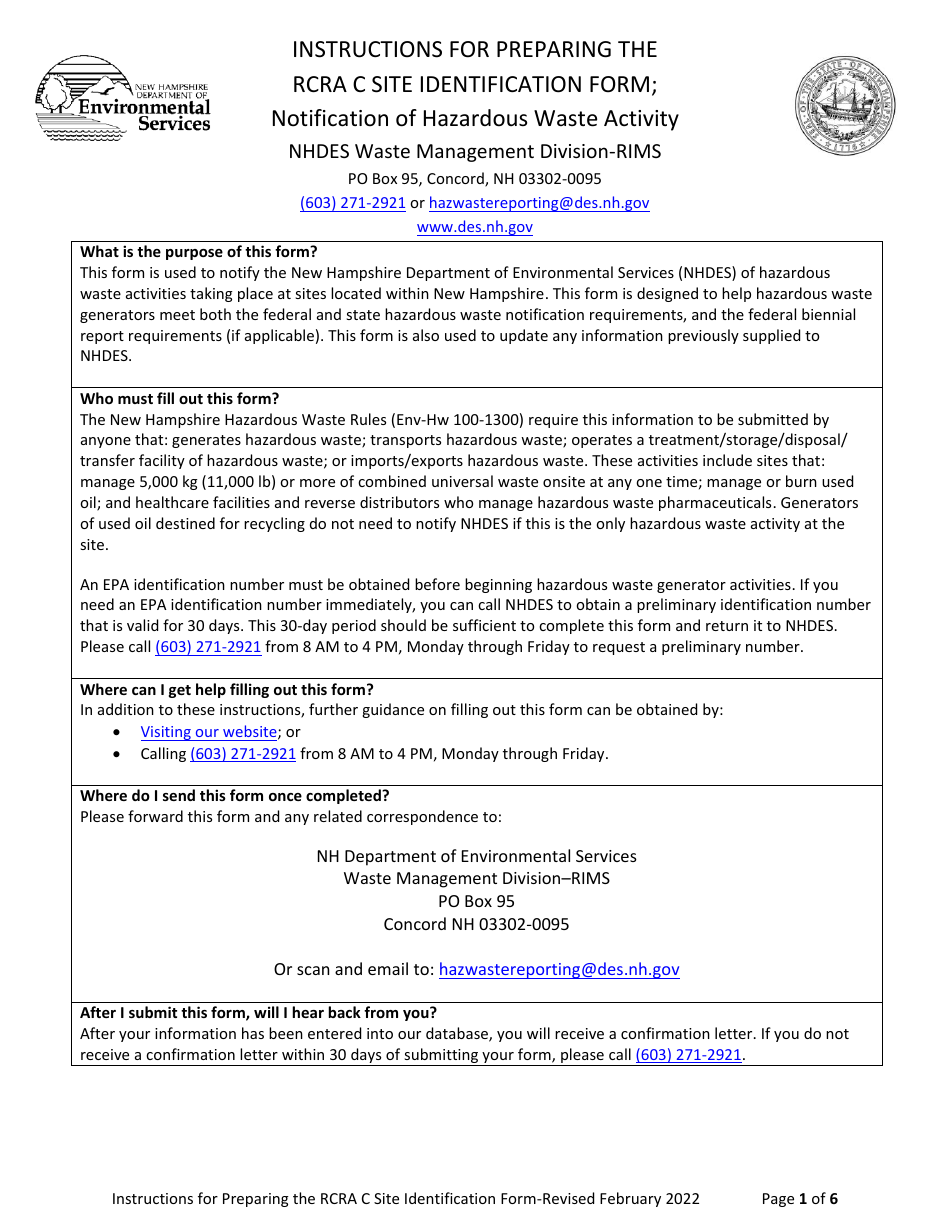 Download Instructions for Form NHDES-S-01-009 Rcra C Site ...