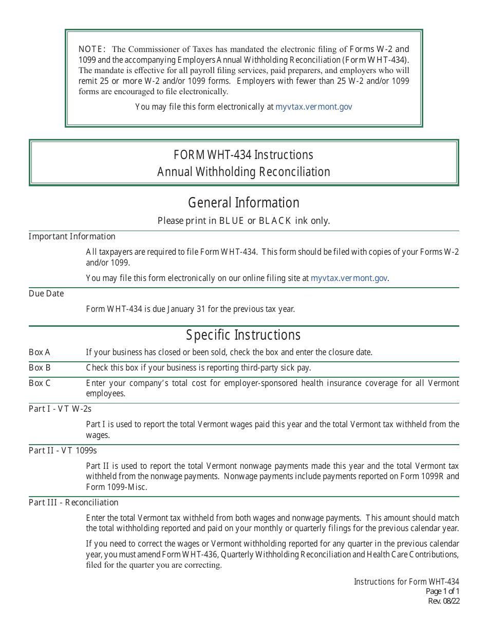 Download Instructions for VT Form WHT-434 Annual Withholding ...