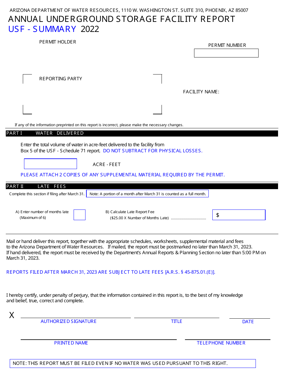 2022 Arizona Annual Underground Storage Facility Report - Usf - Summary ...
