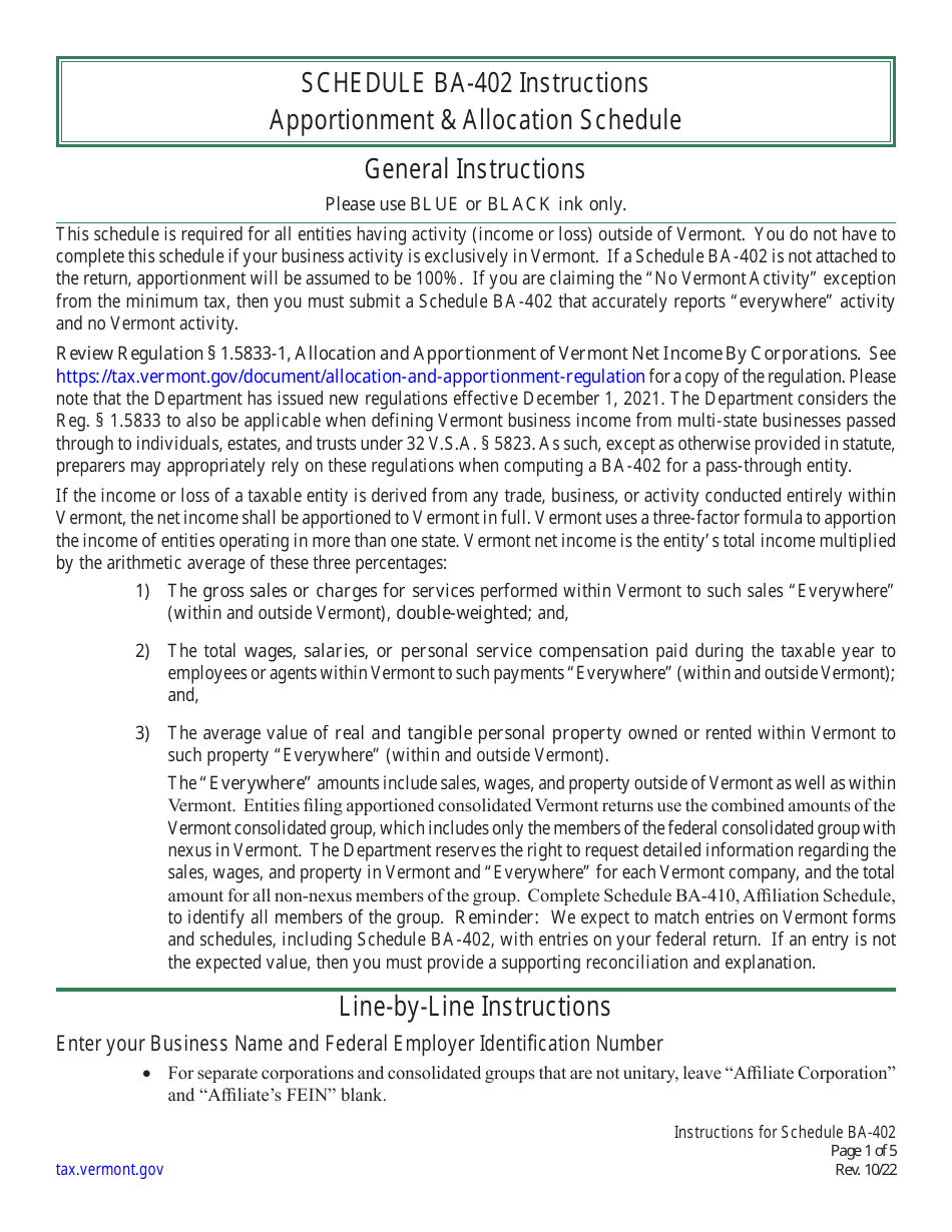Download Instructions for Schedule BA-402 Vermont Apportionment ...