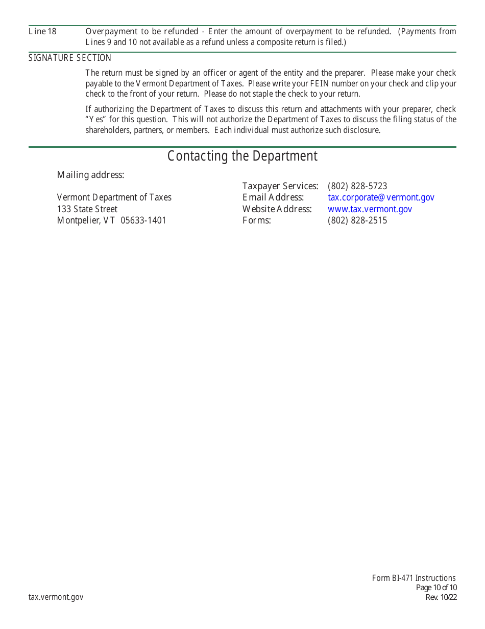 Download Instructions for VT Form BI-471 Business Income Tax Return PDF | Templateroller