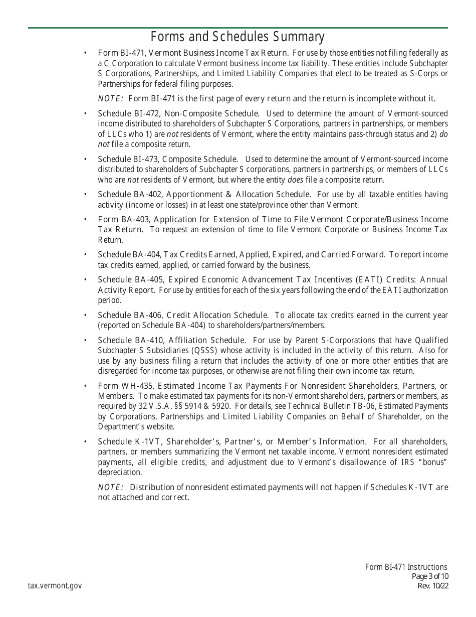 Download Instructions for VT Form BI-471 Business Income Tax Return PDF | Templateroller