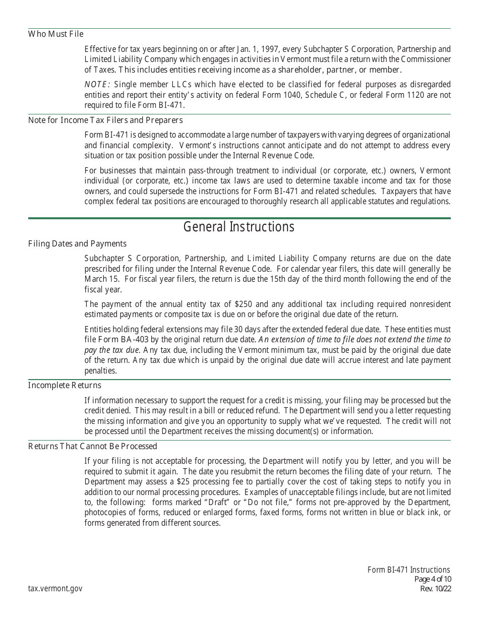 Download Instructions for VT Form BI-471 Business Income Tax Return PDF | Templateroller