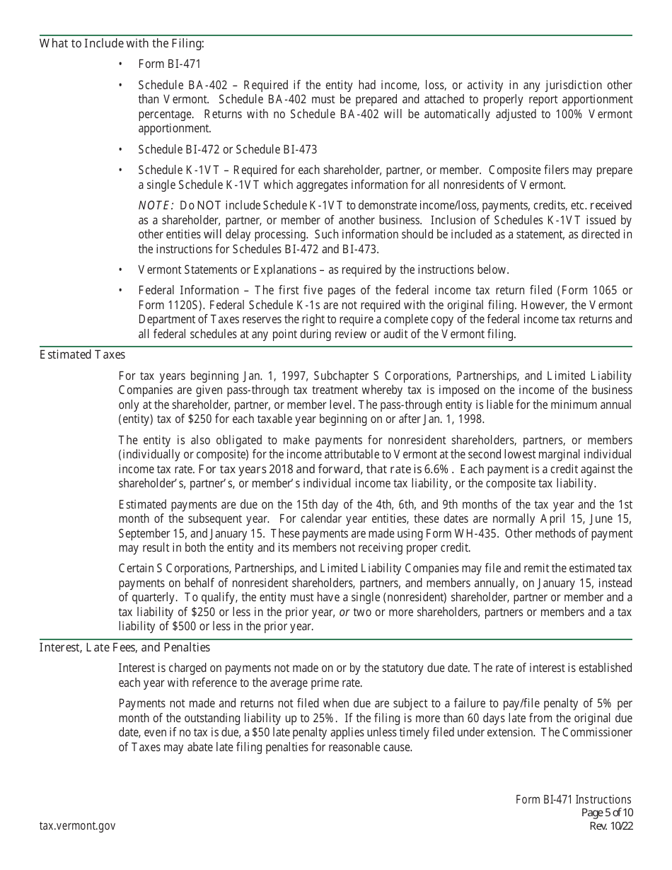 Download Instructions for VT Form BI-471 Business Income Tax Return PDF | Templateroller