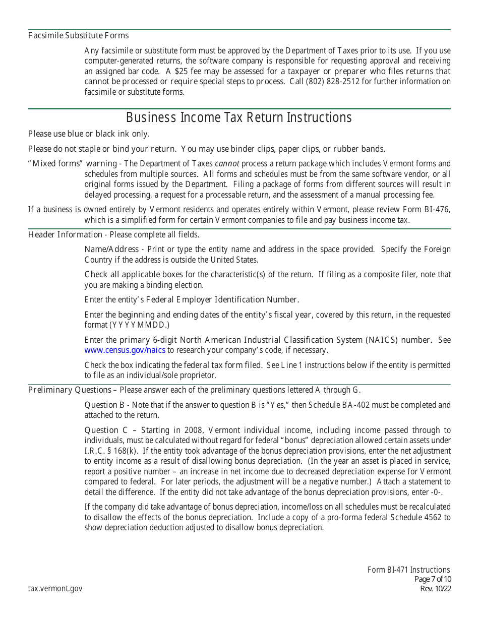 Download Instructions for VT Form BI-471 Business Income Tax Return PDF | Templateroller