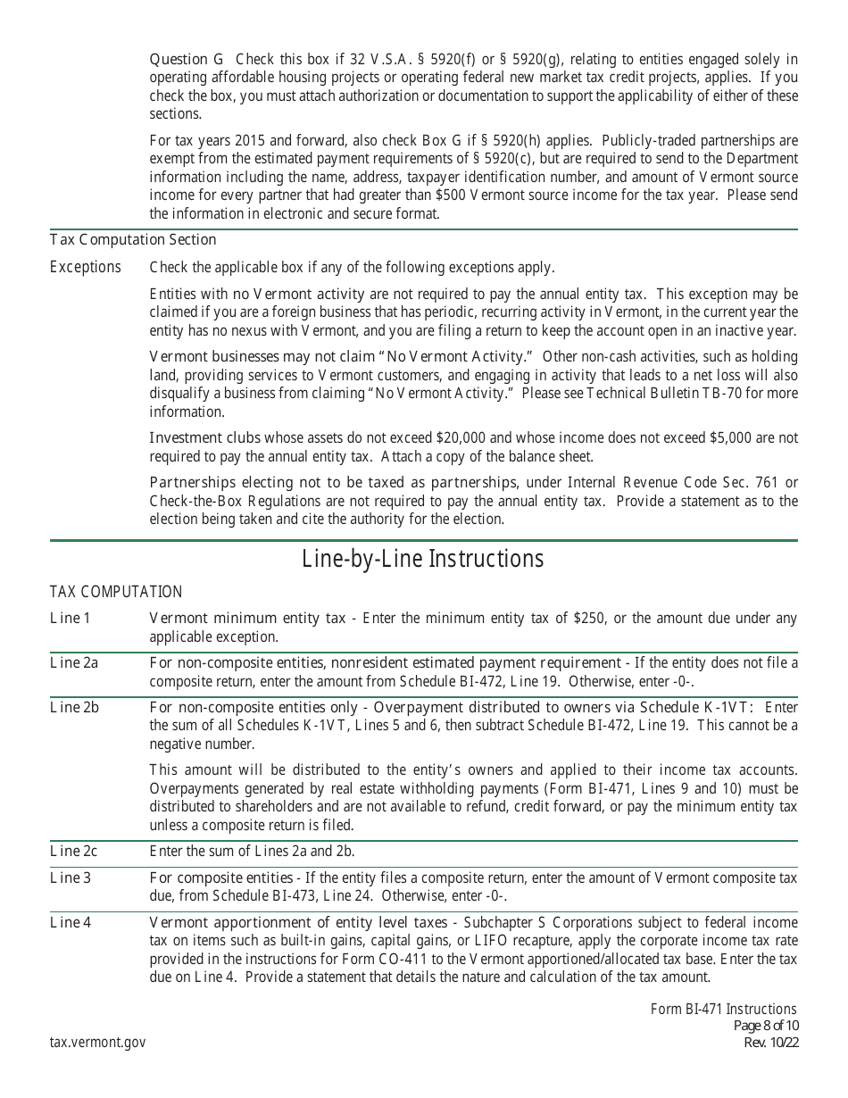 Download Instructions for VT Form BI-471 Business Income Tax Return PDF | Templateroller