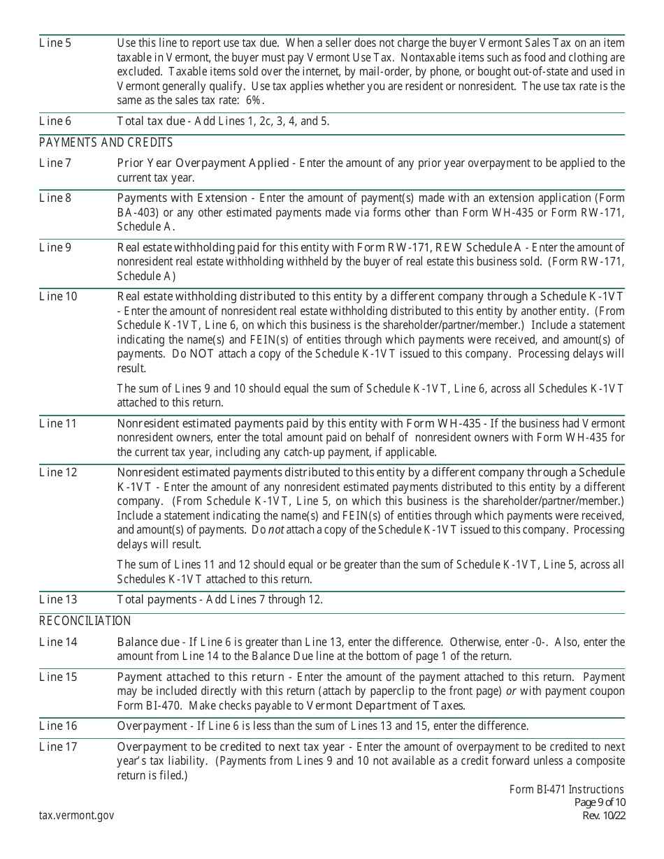 Download Instructions for VT Form BI-471 Business Income Tax Return PDF | Templateroller