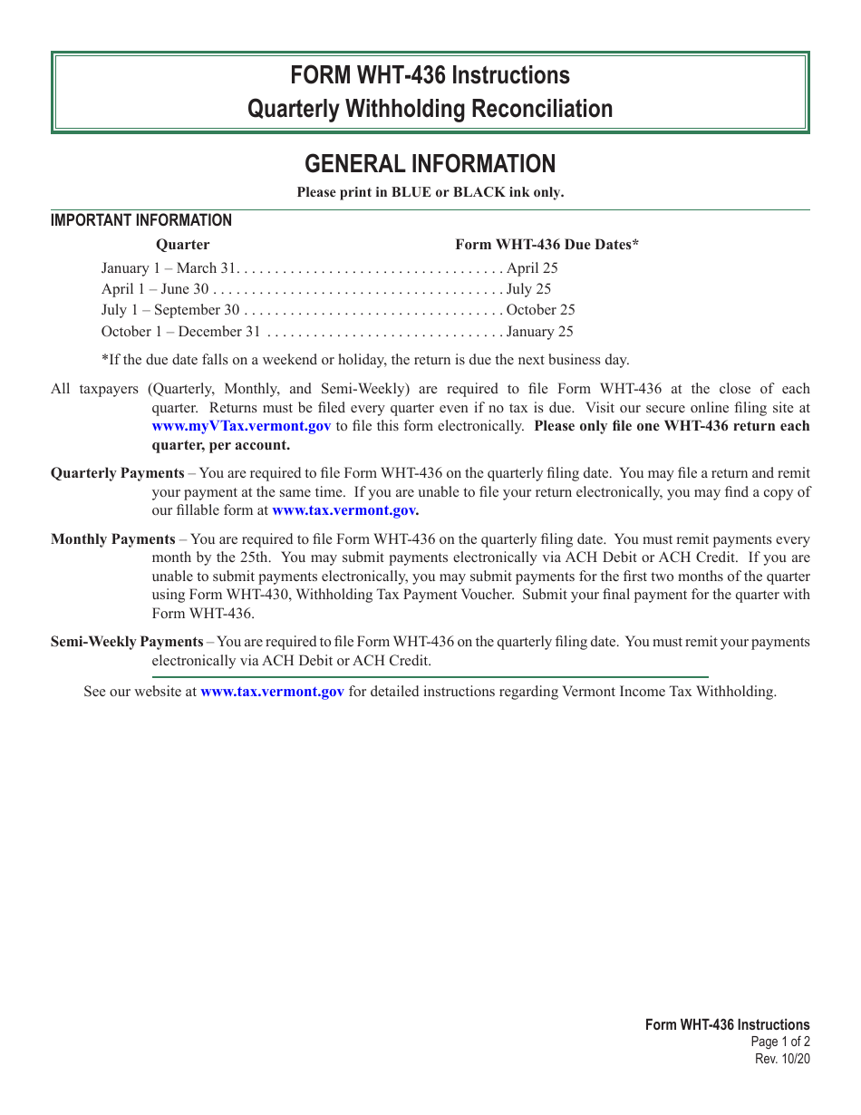 Download Instructions for VT Form WHT-436 Quarterly Withholding ...