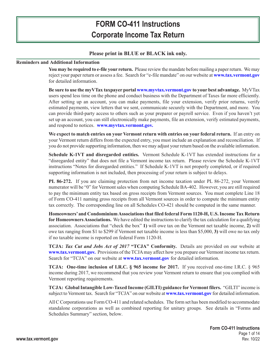 Download Instructions for Form CO-411 Corporate Income Tax Return PDF ...