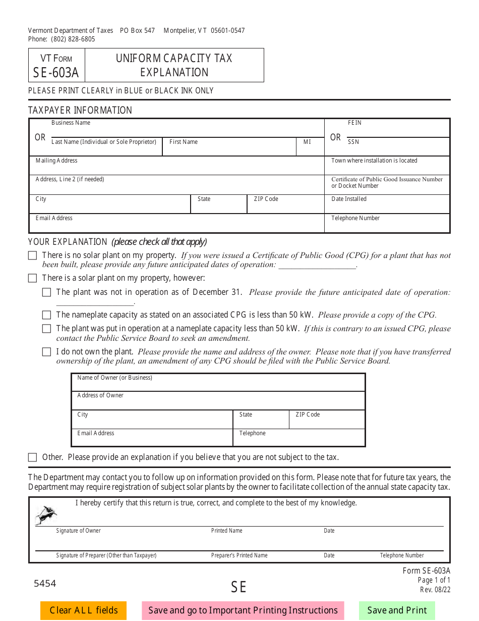 VT Form SE-603A Download Fillable PDF or Fill Online Uniform Capacity ...