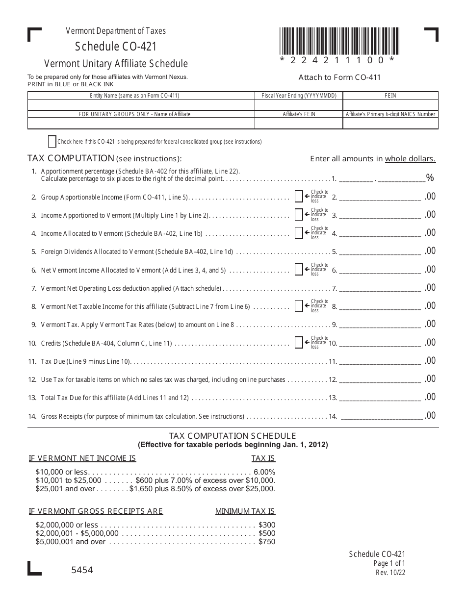 Schedule CO-421 Download Printable PDF or Fill Online Vermont Unitary ...