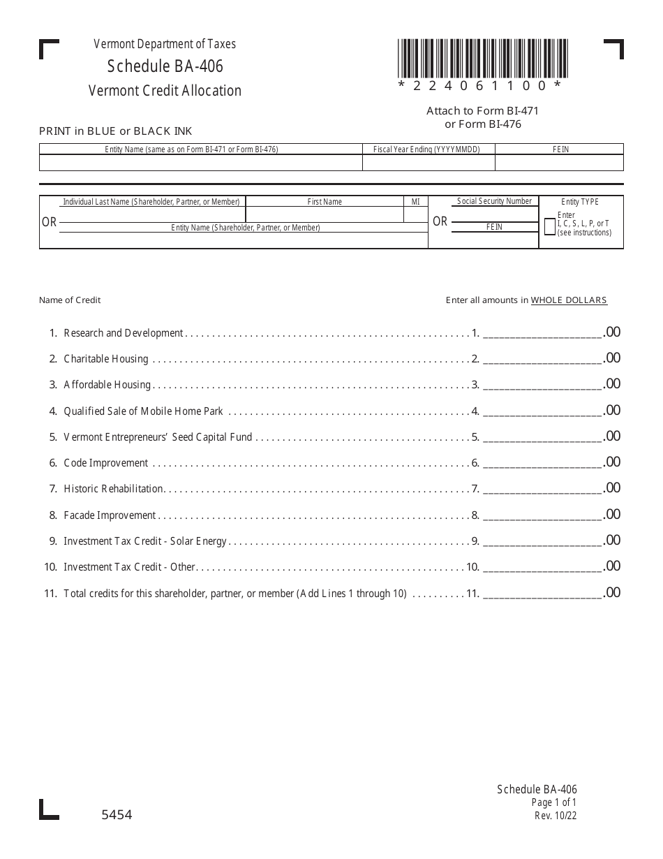 Schedule BA-406 Download Printable PDF or Fill Online Credit Allocation ...