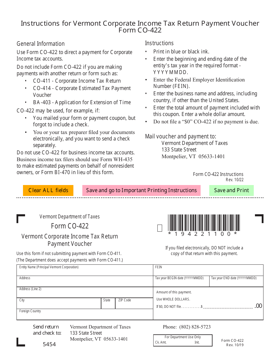 Form CO-422 Download Fillable PDF or Fill Online Vermont Corporate ...