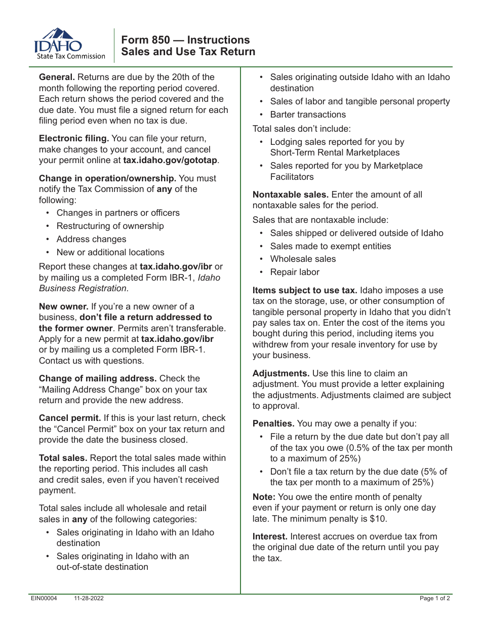 Download Instructions for Form 850 Sales and Use Tax Return PDF 2020 ...