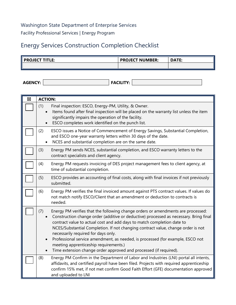 Washington Energy Services Construction Completion Checklist Download ...