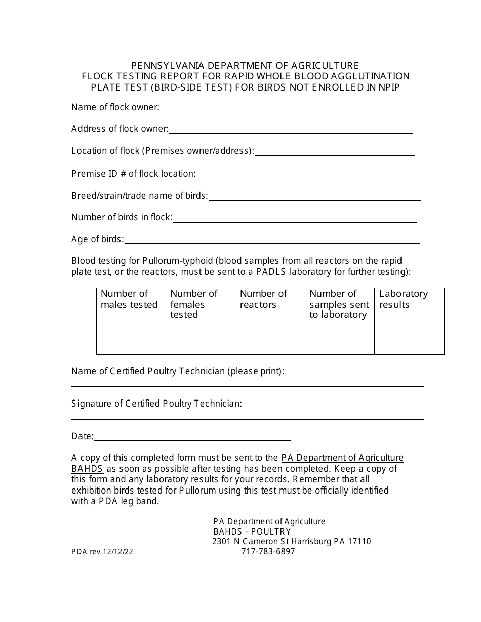 Pennsylvania Flock Testing Report for Rapid Whole Blood Agglutination ...