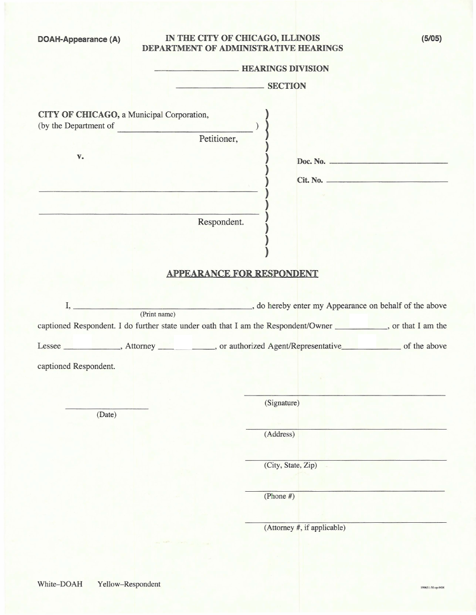 City of Chicago, Illinois Appearance for Respondent - Fill Out, Sign ...