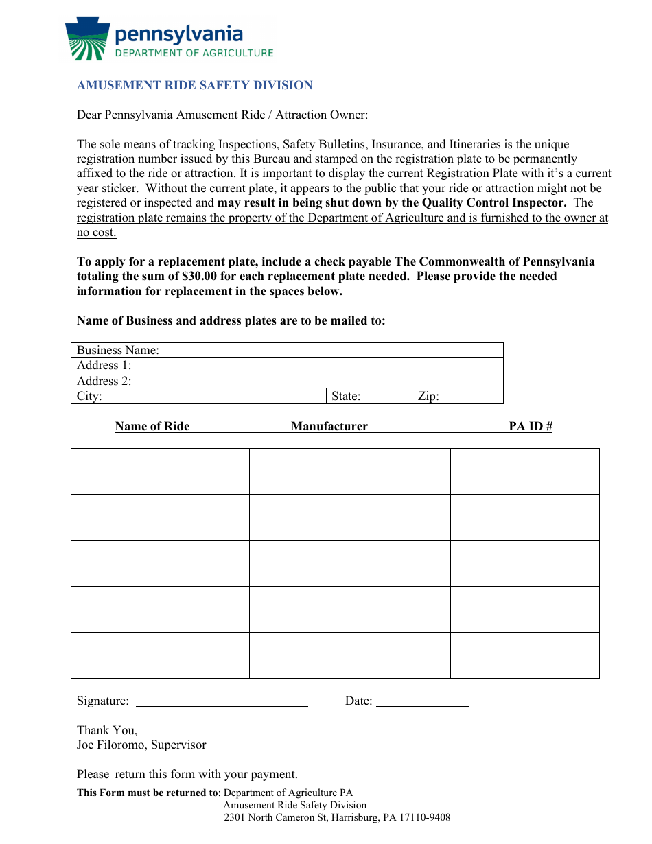 Pennsylvania Amusement Rides Replacement Id Plate Request - Fill Out ...