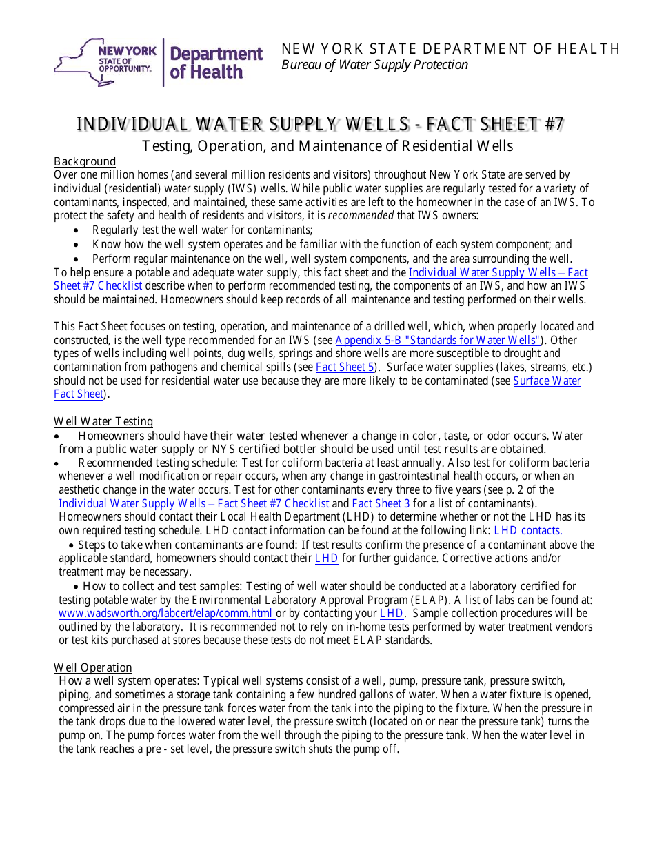 New York Individual Water Supply Wells - Fact Sheet 7 Checklist ...