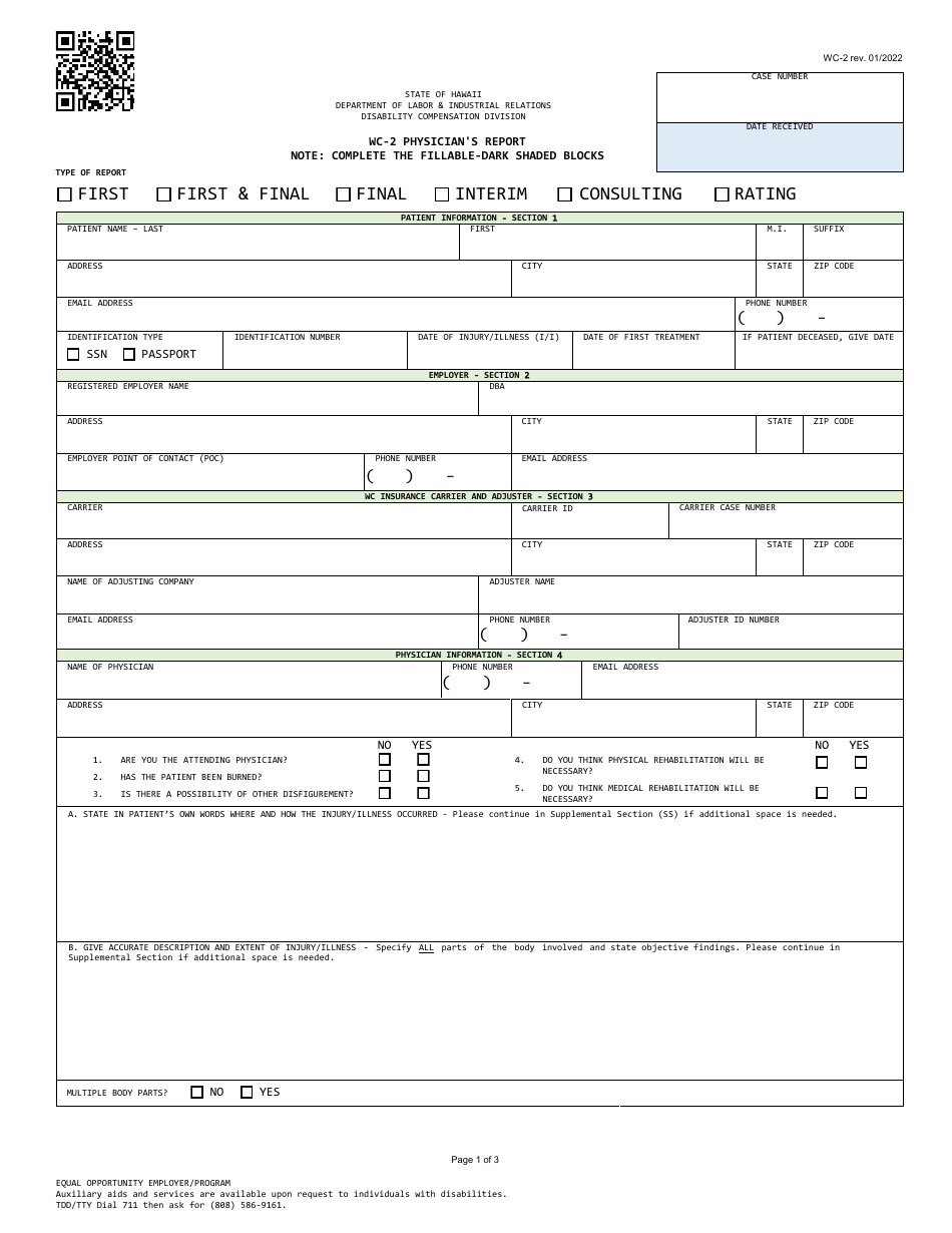 Form WC-2 Download Fillable PDF or Fill Online Physician's Report ...