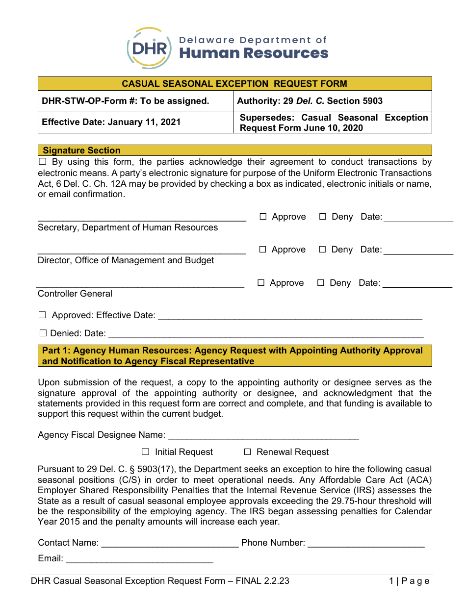 Delaware Casual Seasonal Exception Request Form Download Fillable PDF ...