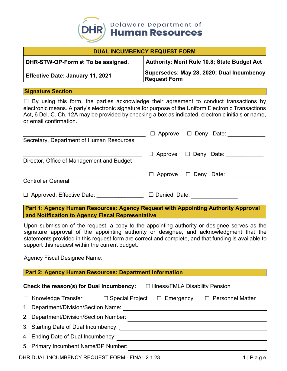 Delaware Dual Incumbency Request Form Download Fillable PDF 2020 — 2025 ...