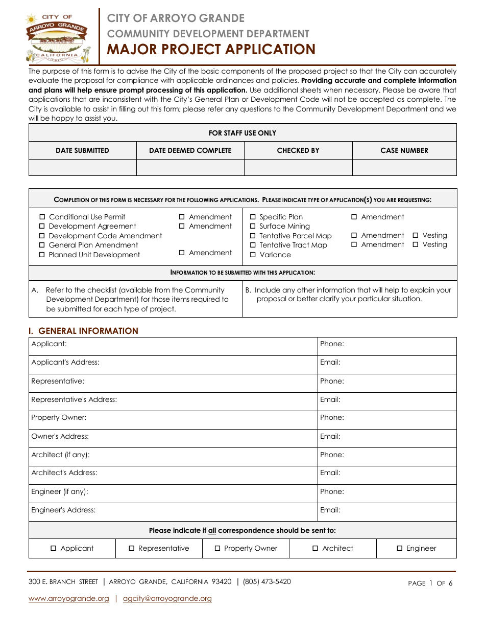 City of Arroyo Grande, California Major Project Application - Fill Out ...