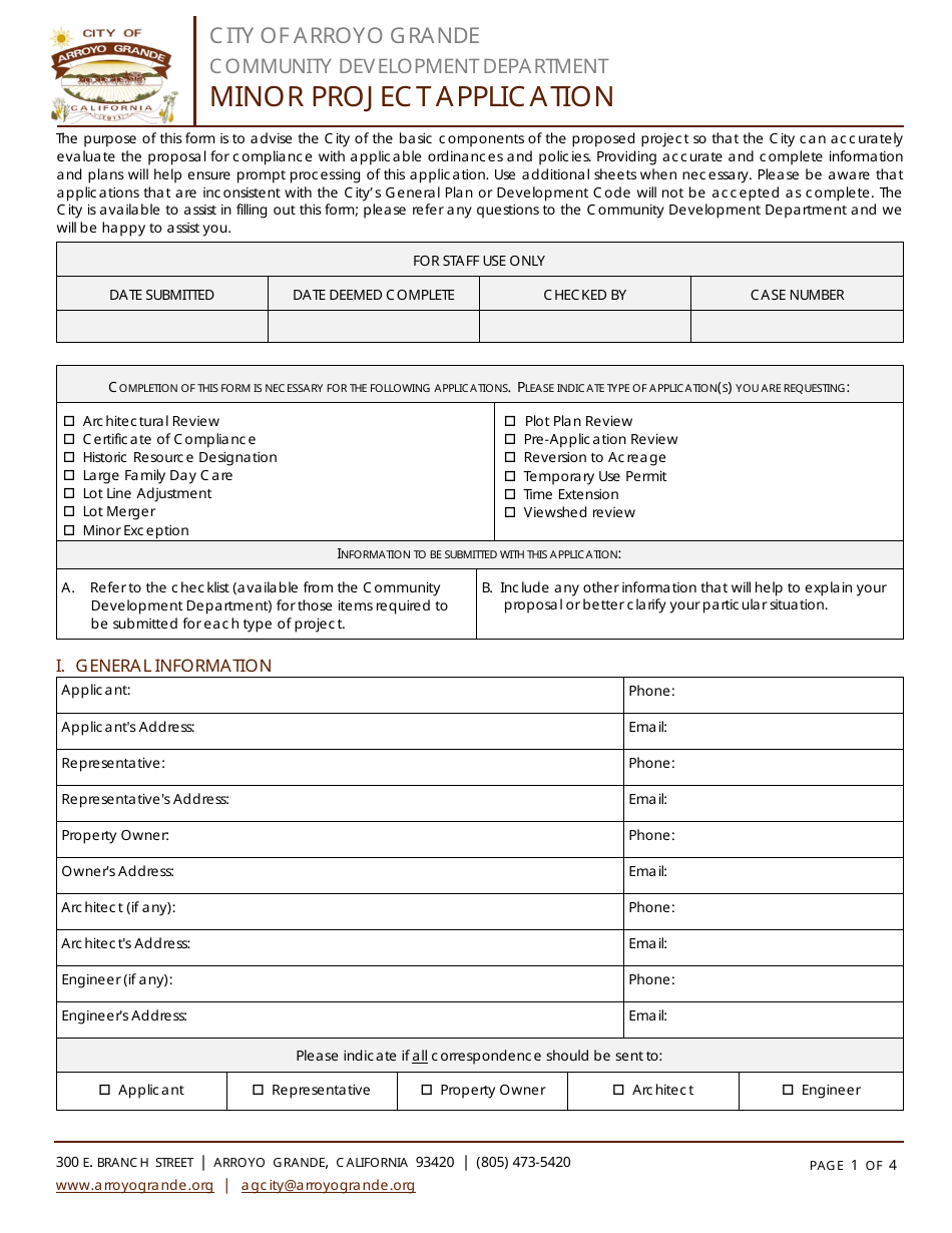 City of Arroyo Grande, California Minor Project Application - Fill Out ...