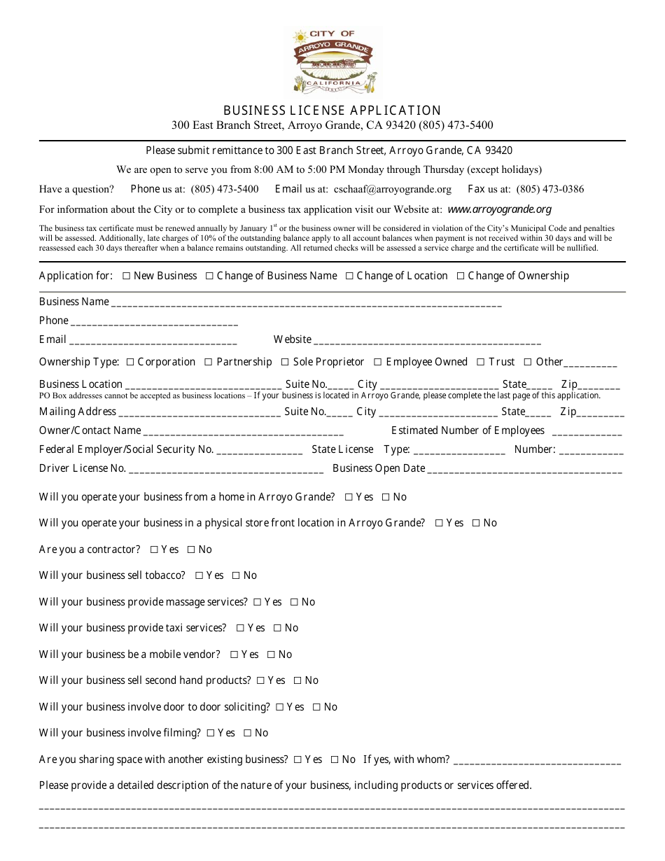 City of Arroyo Grande, California Business License Application - Fill ...