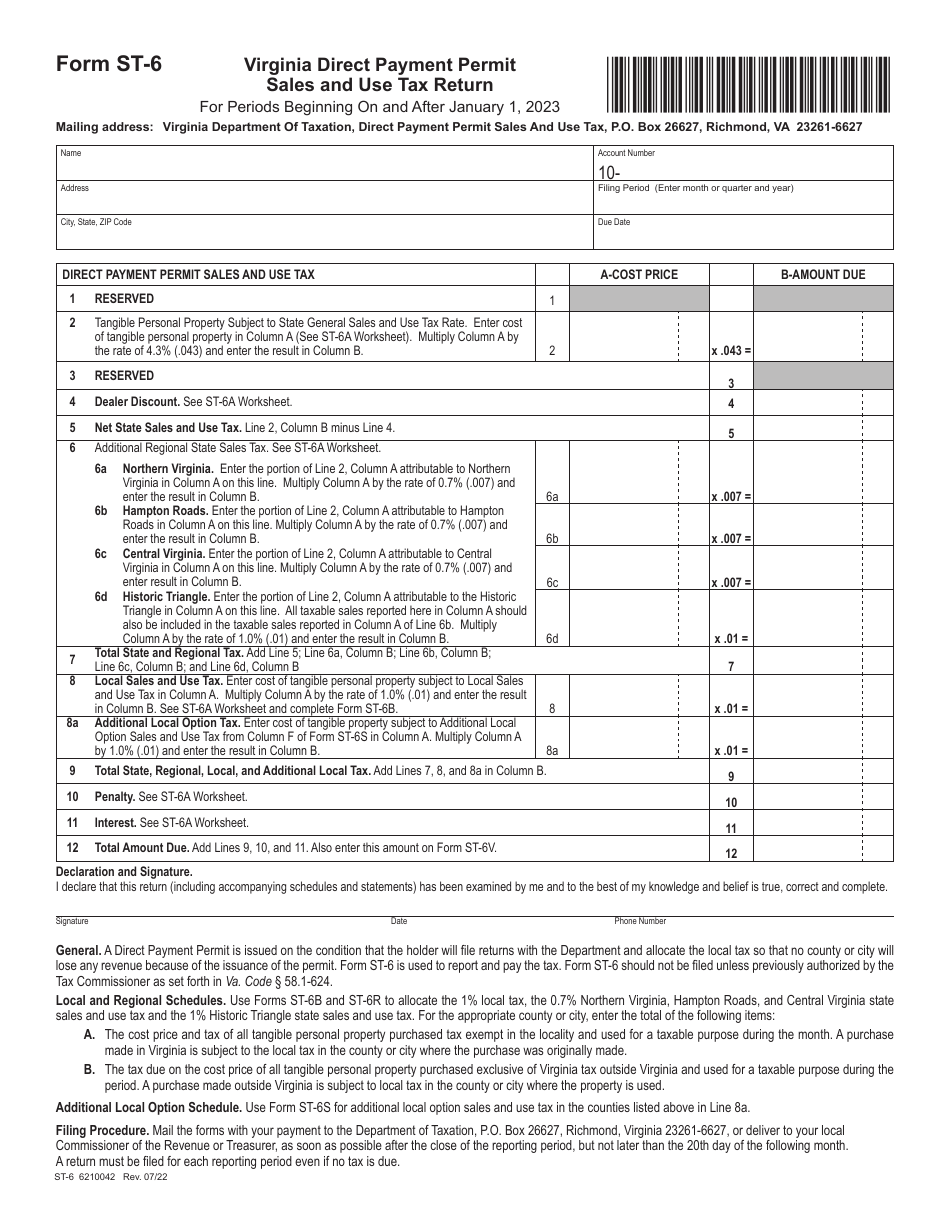 Form ST-6 Download Fillable PDF or Fill Online Virginia Direct Payment ...