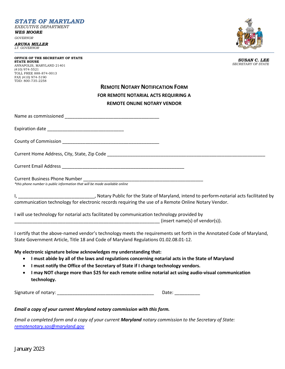 Maryland Remote Notary Notification Form for Remote Notarial Acts ...