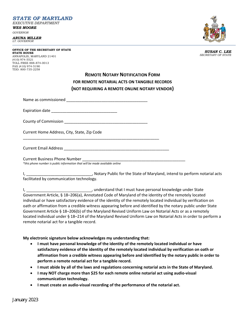 Maryland Remote Notary Notification Form for Remote Notarial Acts on ...